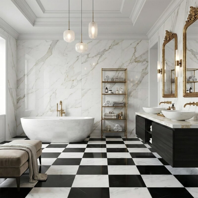 Black, Calacatta Bella Polished Checkerboard Pattern Marble Bundle 18x18